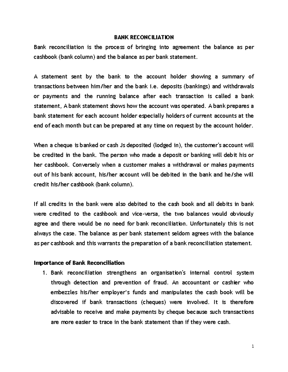 Bank Reconciliation - Lecture notes 1 - BANK RECONCILIATION Bank ...