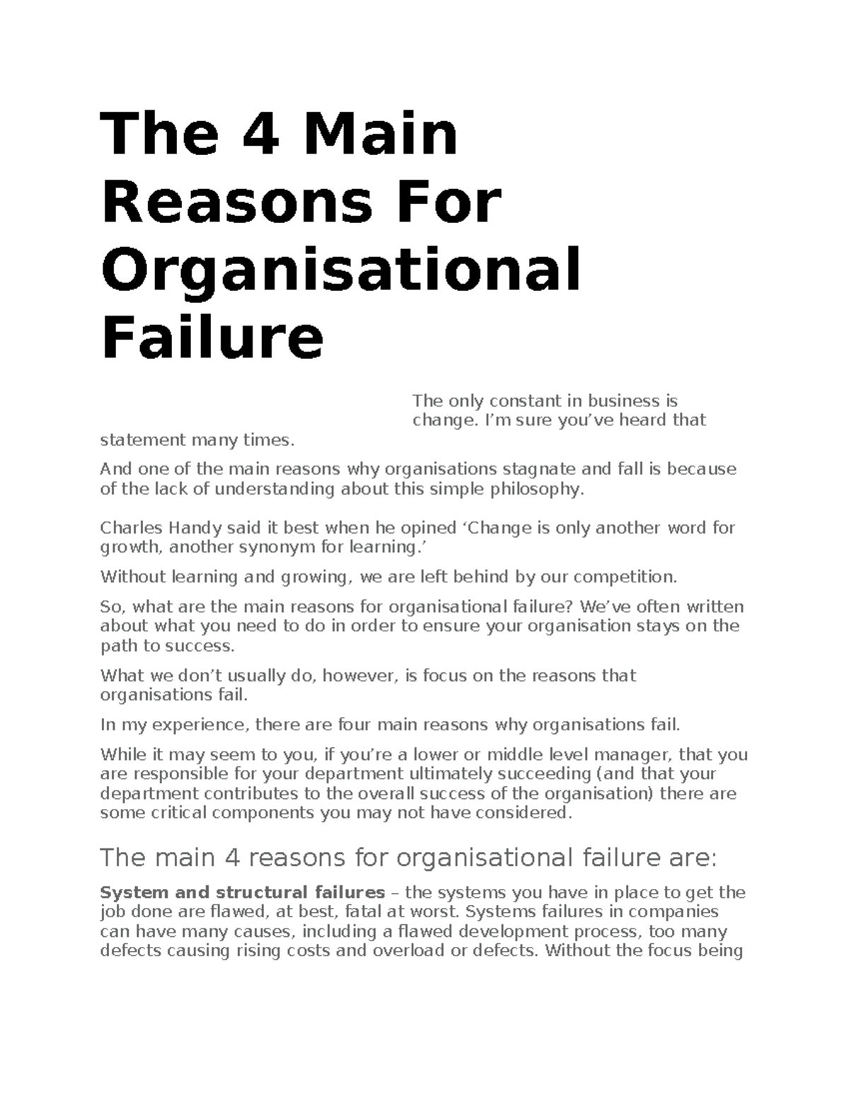 The 4 Main Reasons For Organisational Failure - The 4 Main Reasons For ...