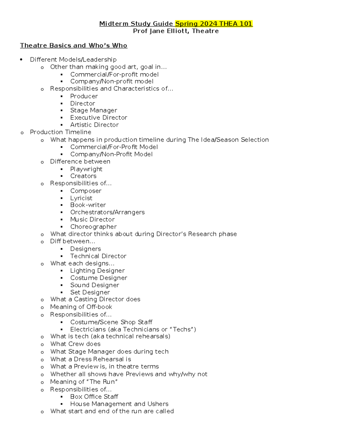 MT Study Guide Midterm Fall THEA 101 Spring 2024s - Midterm Study Guide ...