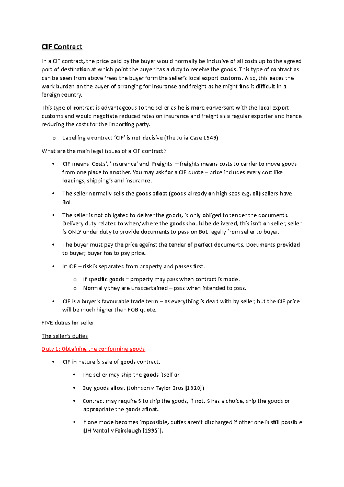 CIF and FOB notes - CIF Contract In a CIF contract, the price paid by ...