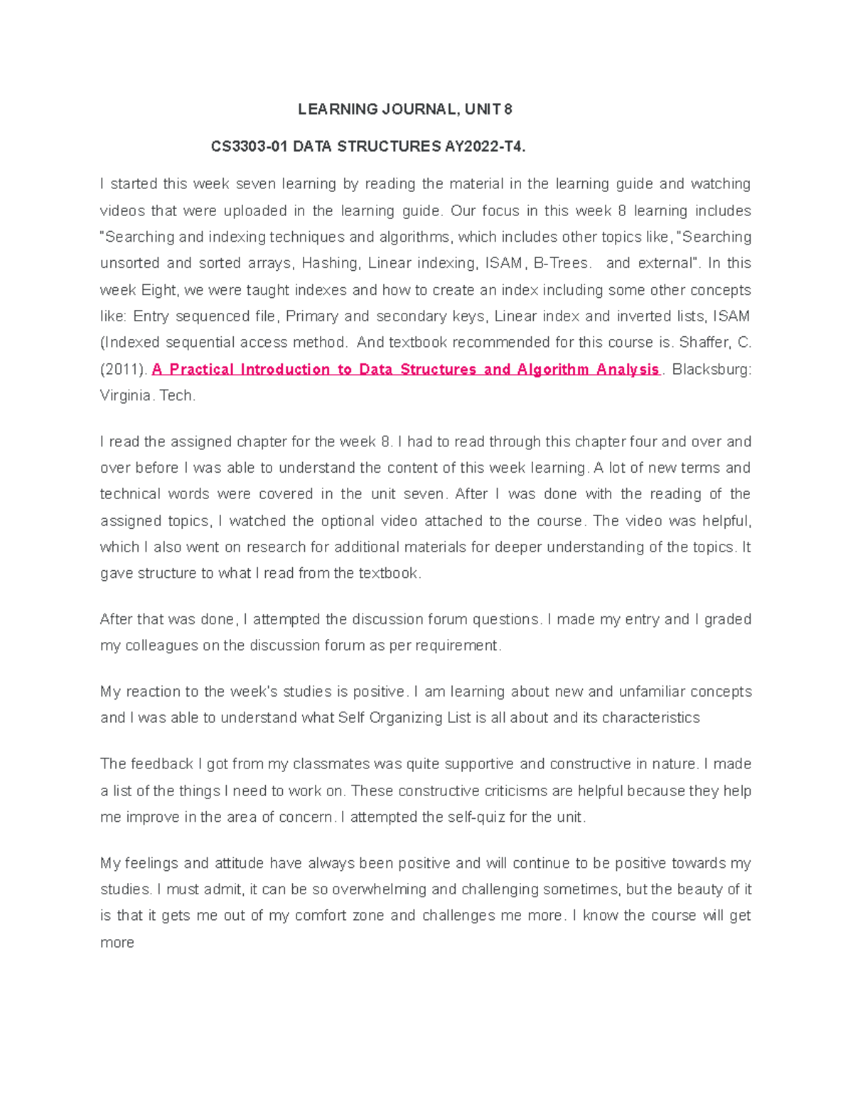 Learning Journal UNIT 8 CS 3303 - LEARNING JOURNAL, UNIT 8 CS3303-01 DATA STRUCTURES AY2022-T4 ...