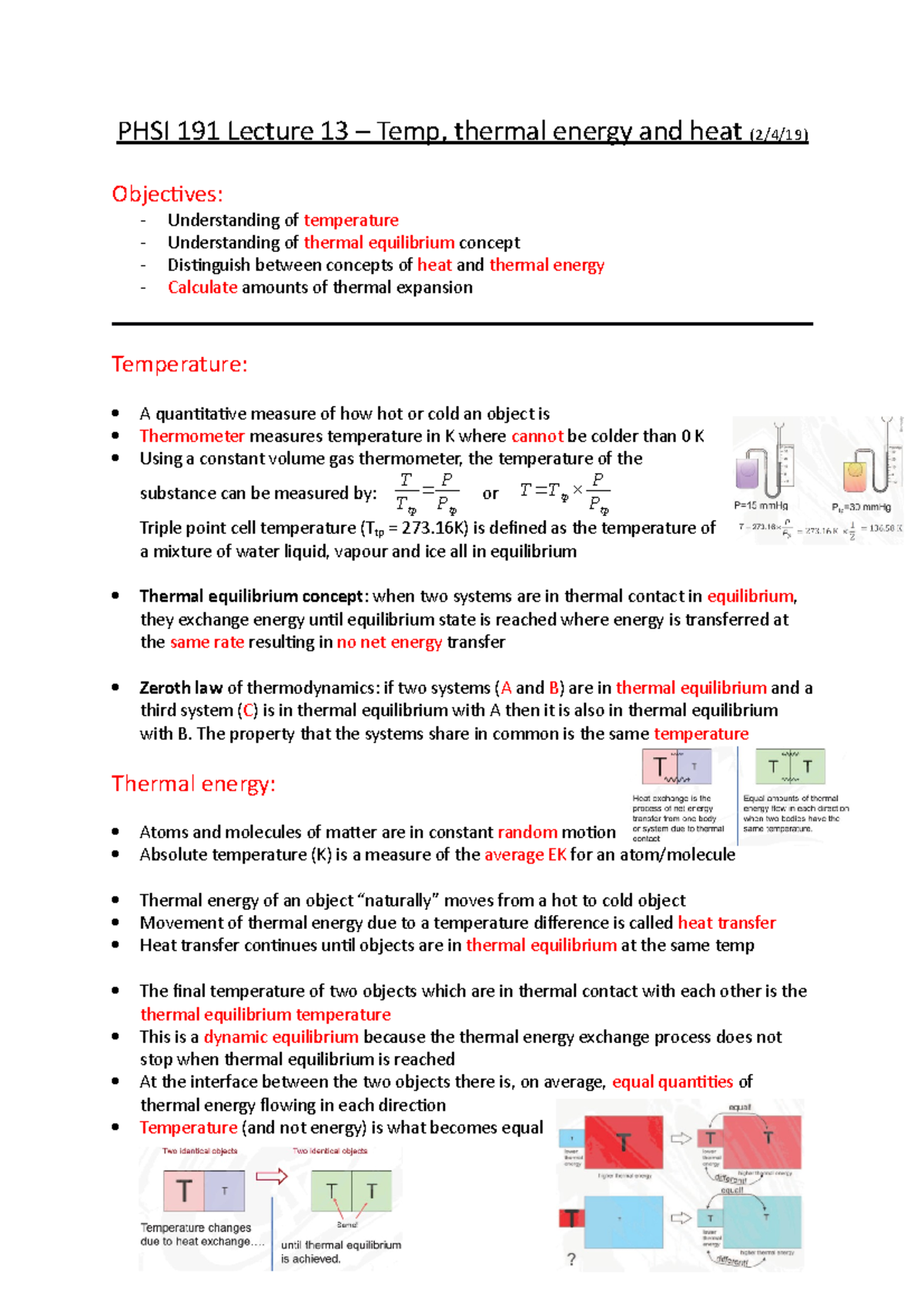 PHSI 191 Lecture 13 - PHSI191 - PHSI 191 Lecture 13 – Temp, thermal energy and heat (2/4/19 ...