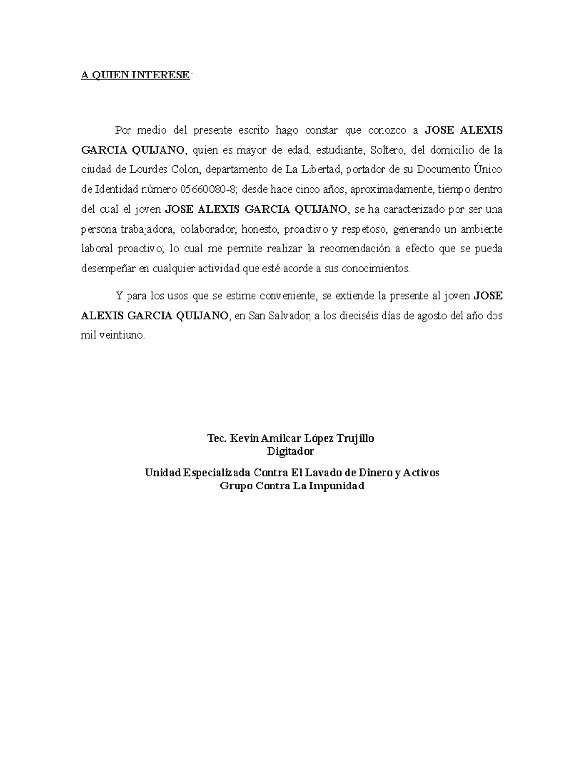 Formato DE Constancia - saludos - A QUIEN INTERESE: Por medio del ...