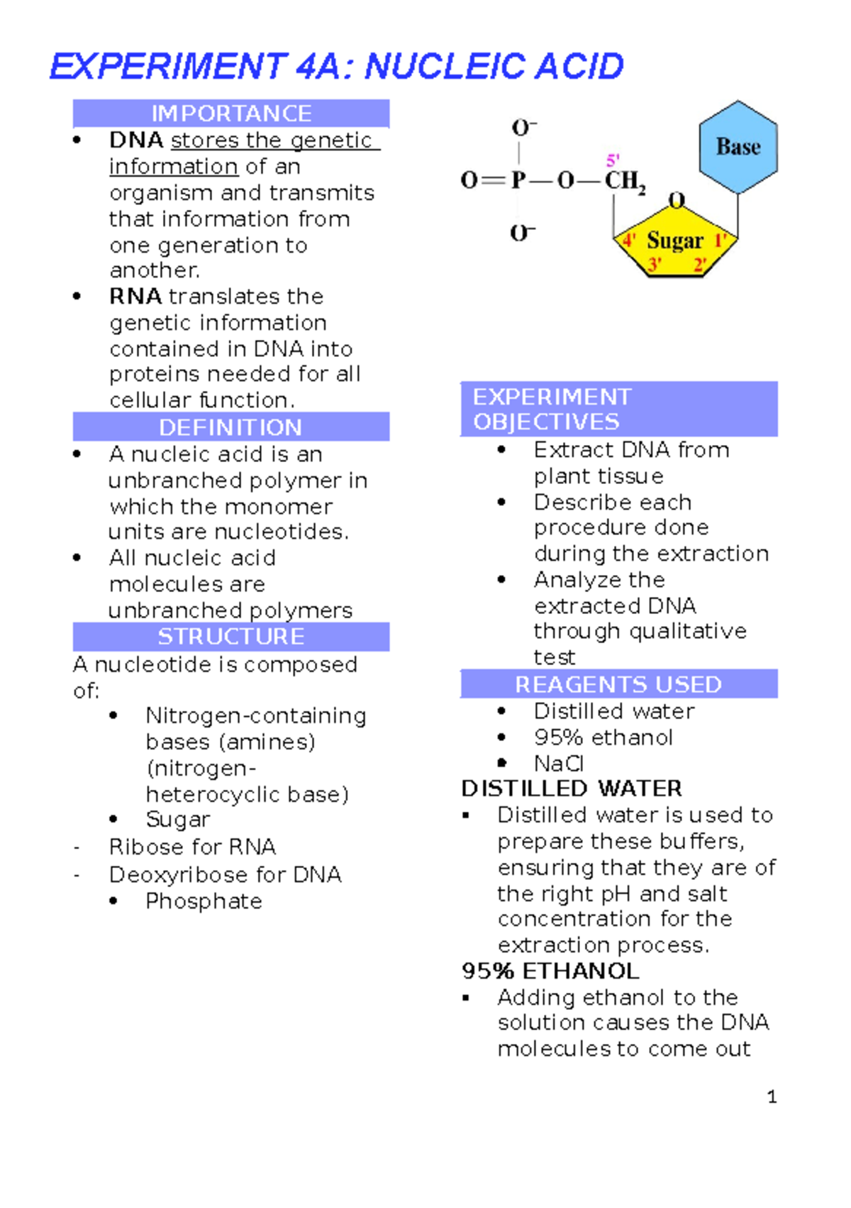 Midterms - biochem lab - EXPERIMENT 4A: NUCLEIC ACID IMPORTANCE DNA ...