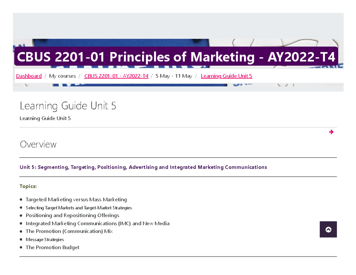 Learning Guide Unit 5 Overview - CBUS 2201-01 Principles of Marketing - AY2022-T Learning Guide ...