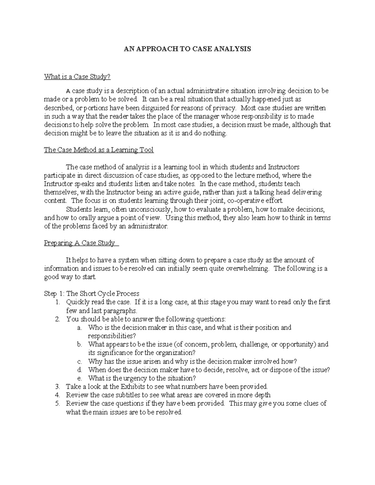AN Approach TO CASE Analysis - AN APPROACH TO CASE ANALYSIS What is a ...