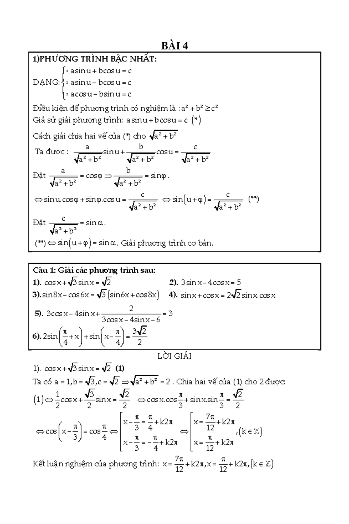 Bài 4 - hhcsxczdcdsv - BÀI 4 1)PHƯƠNG TR䤃NH B숃⌀C NH숃ĀT: D䄃⌀NG: a sin u ...