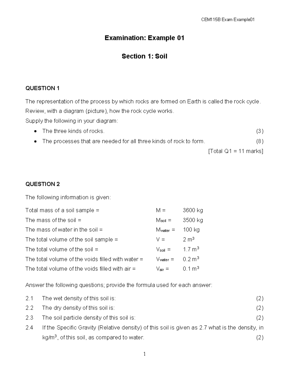 CEM115B Example Exam-01 - Examination: Example 01 Section 1: Soil ...