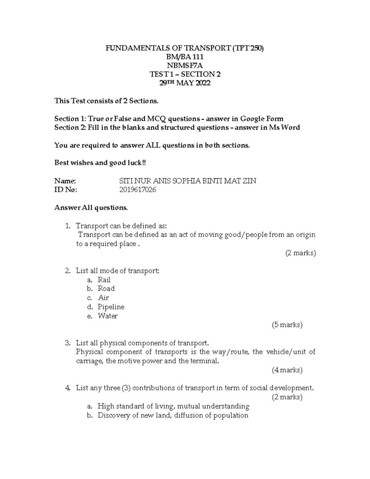Sitinuranissophia 2019 617026-TPT TEST 1 - FUNDAMENTALS OF TRANSPORT ...