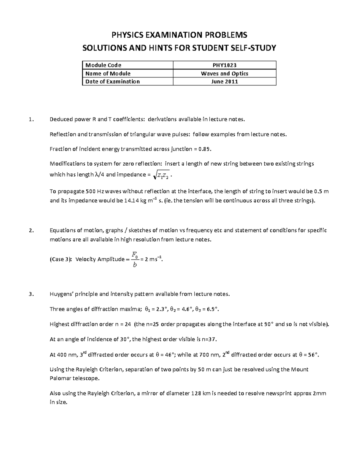 Exam 2011, answers - PHYSICS'EXAMINATION'PROBLEMS' SOLUTIONS'AND'HINTS ...