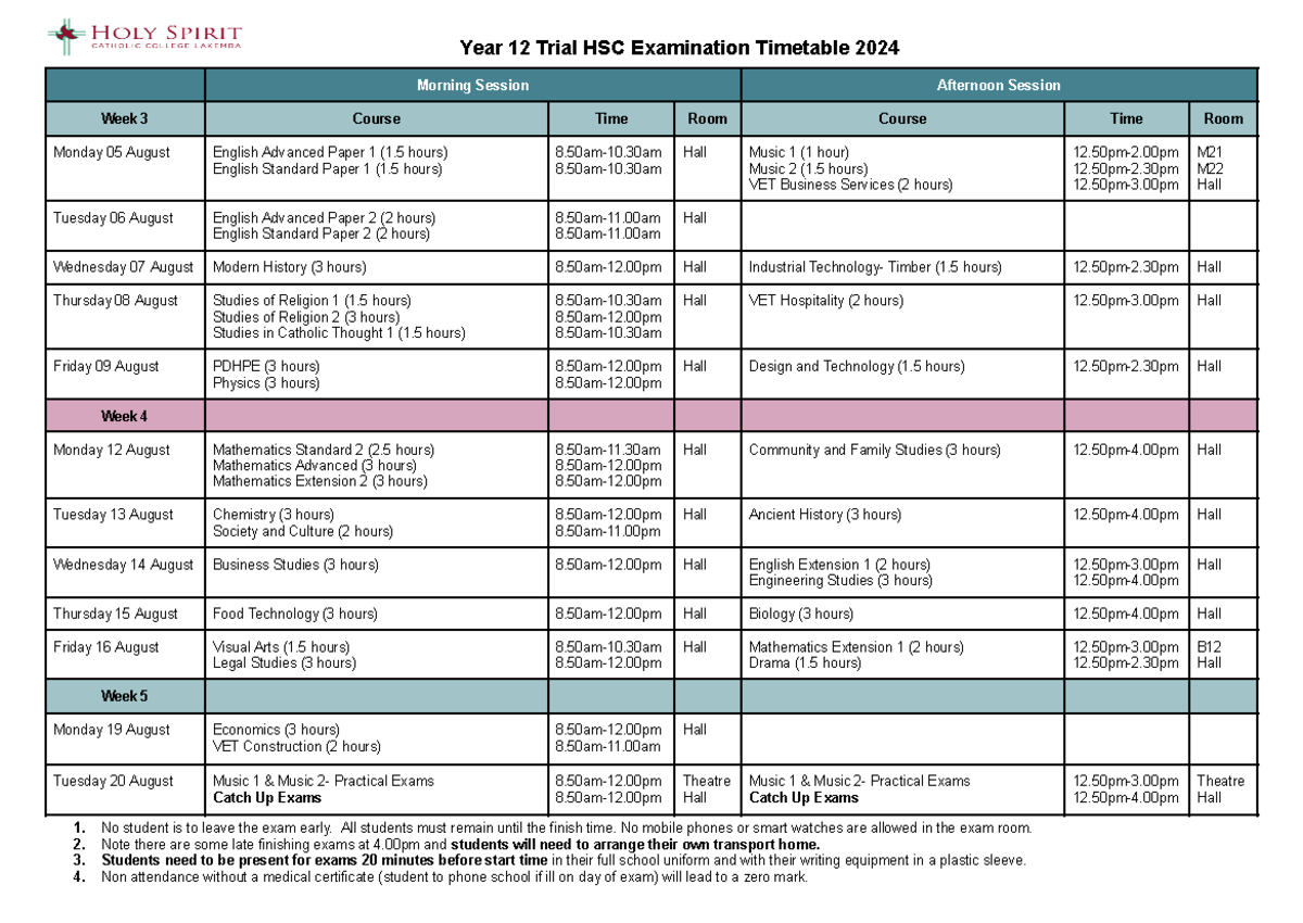 HSSC Year 12 Trial HSC Examination Timetable 2024 - Year 12 Trial HSC ...