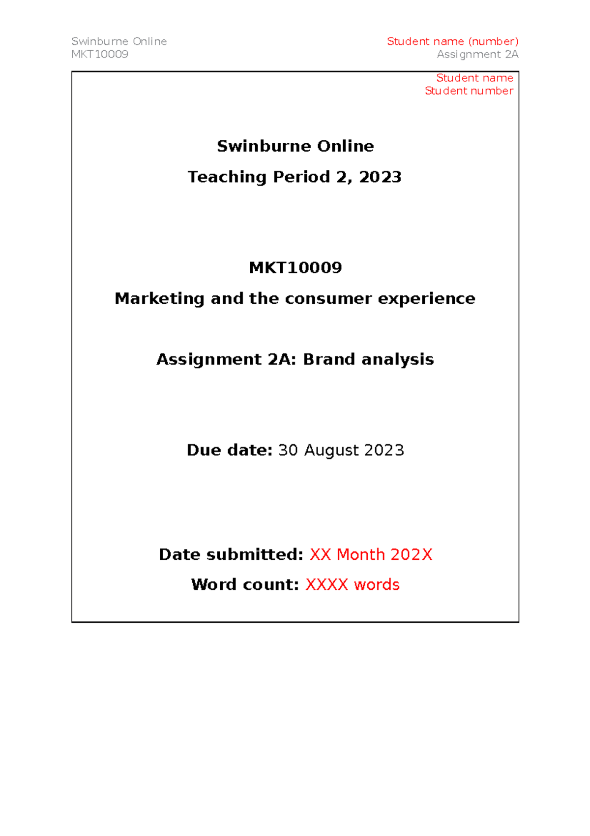 MKT 10009 Assignment 2A Report template v2 - MKT10009 Assignment 2A ...