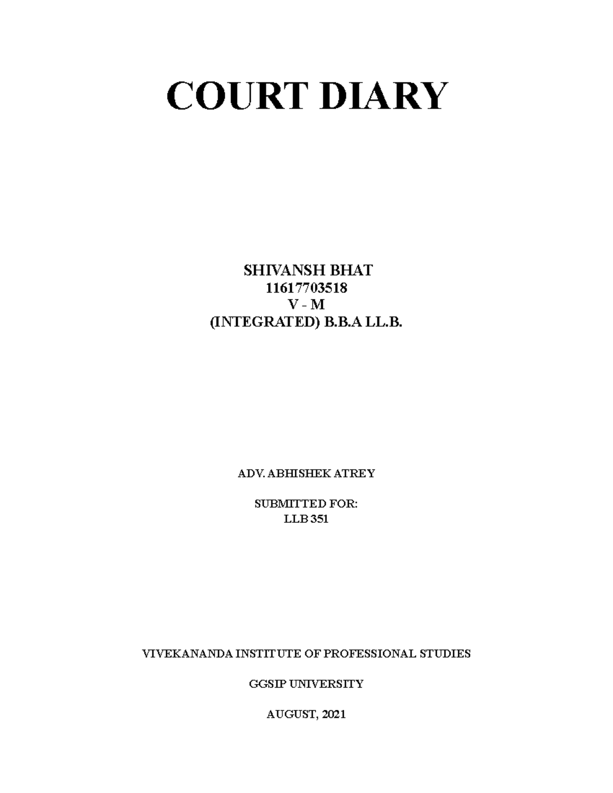 Internship Diary- 116177 035 18 - COURT DIARY SHIVANSH BHAT 11617703518 ...