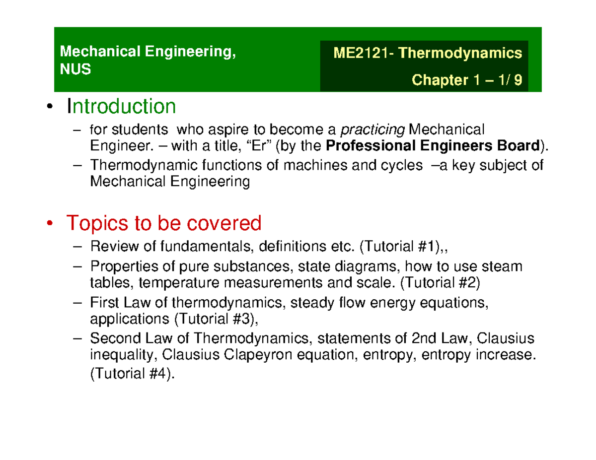 ME2121 - ME2121E Slides Chapter 1 (2014 ) - Mechanical Engineering, NUS ...