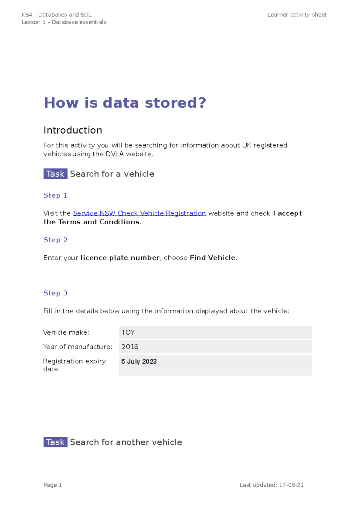 A0 Worksheet How is data stored - KS4 – Databases and SQL Lesson 1 ...