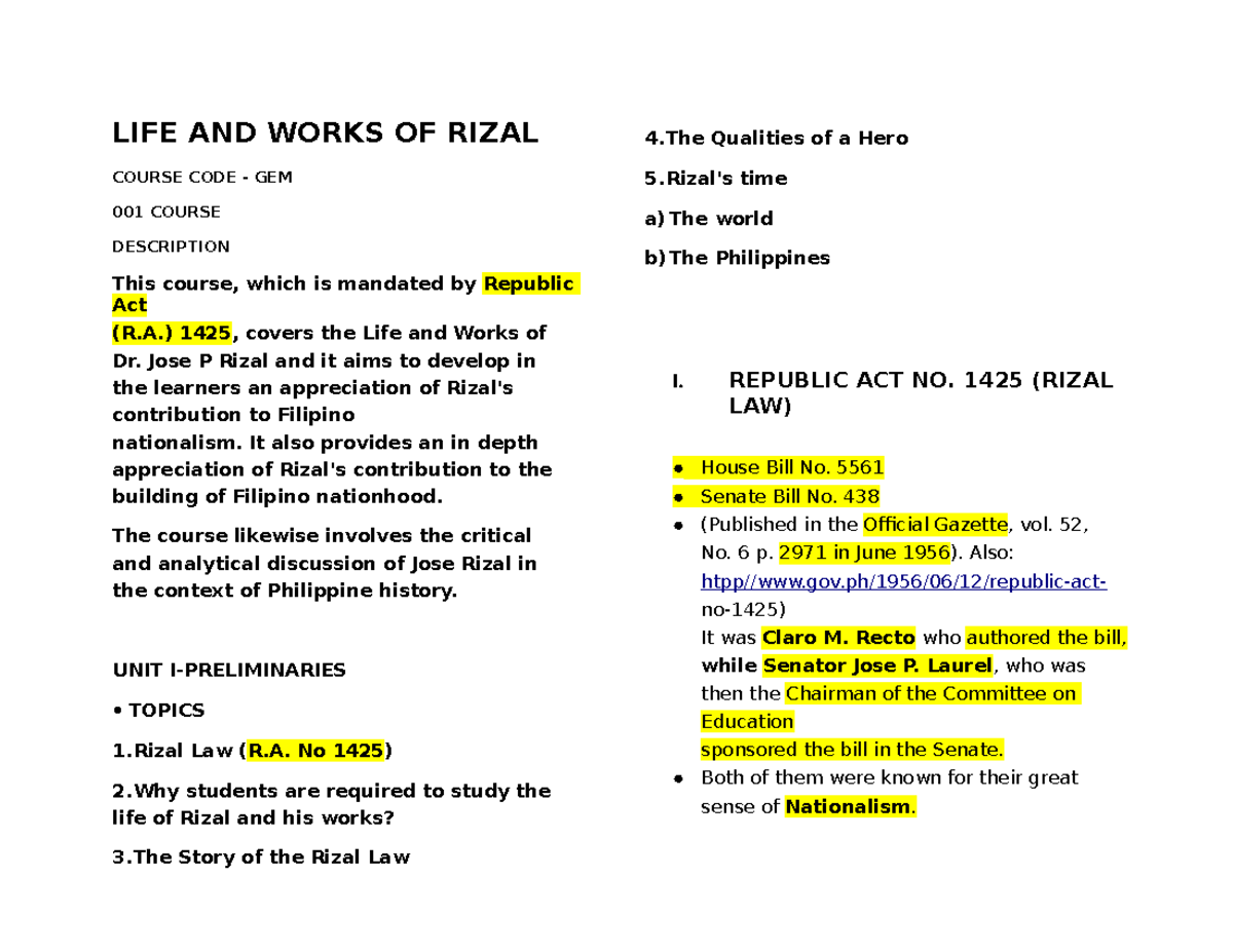 LIFE AND Works OF Rizal - LIFE AND WORKS OF RIZAL COURSE CODE - GEM 001 ...