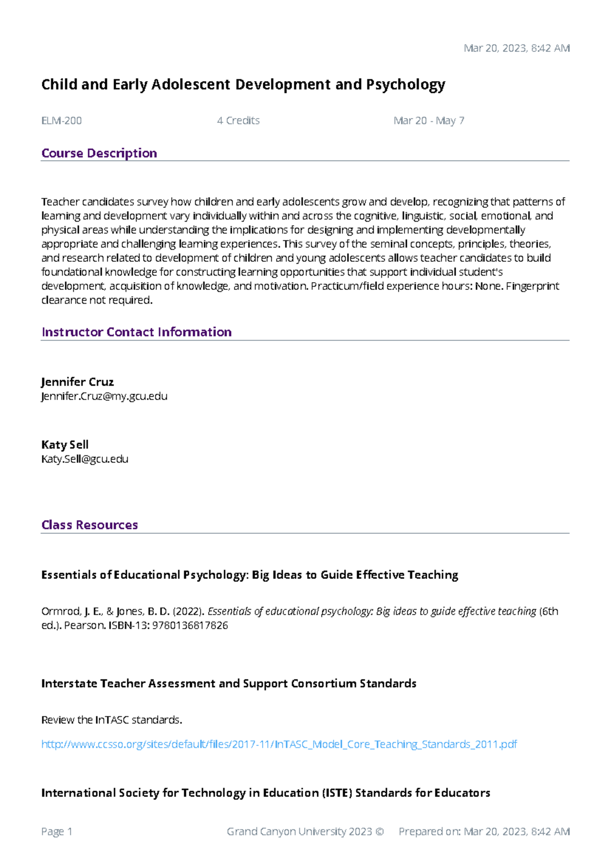 Syllabus ELM-200-O500-20230320 - Mar 20, 2023, 8:42 AM Child and Early ...