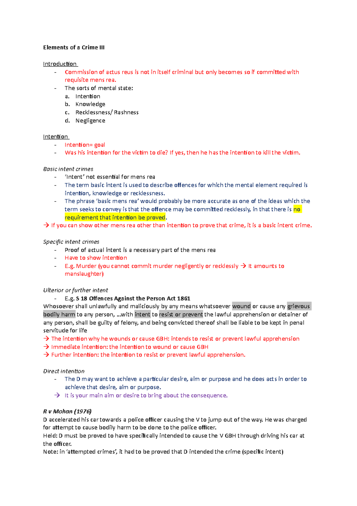 Notes 5 Elements of a Crime III (Intention) - Elements of a Crime III ...