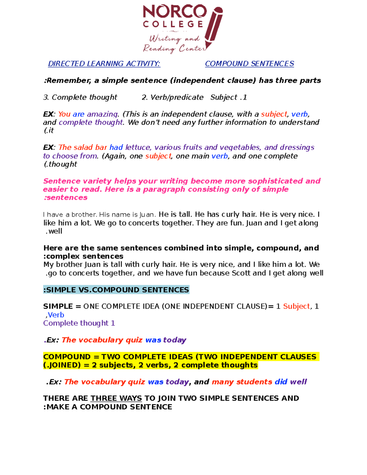 DLA - Compound Sentences-1 - DIRECTED LEARNING ACTIVITY: COMPOUND ...