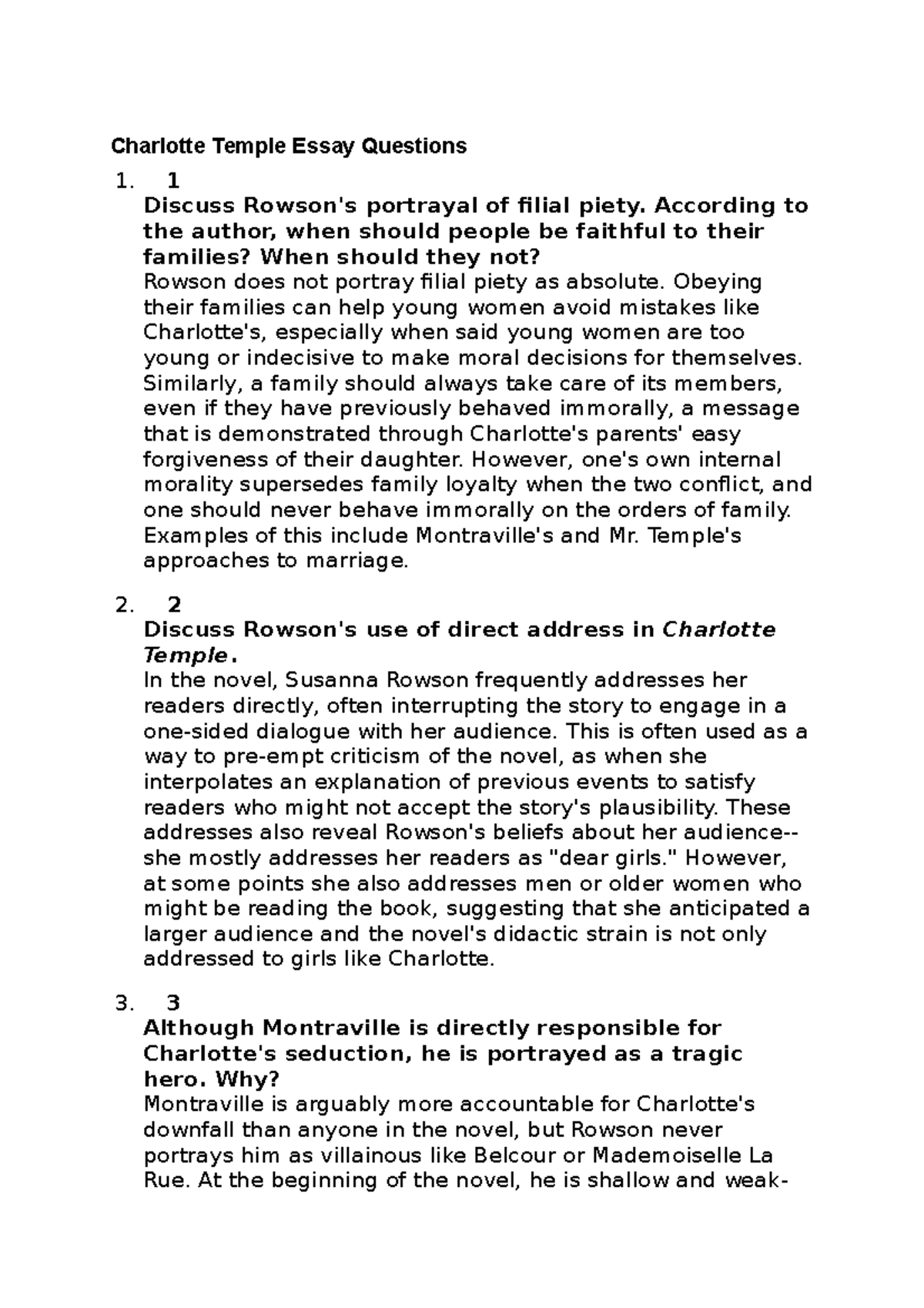 Charlotte Temple Essay Questions - Absalom, Absalom - Charlotte Temple ...