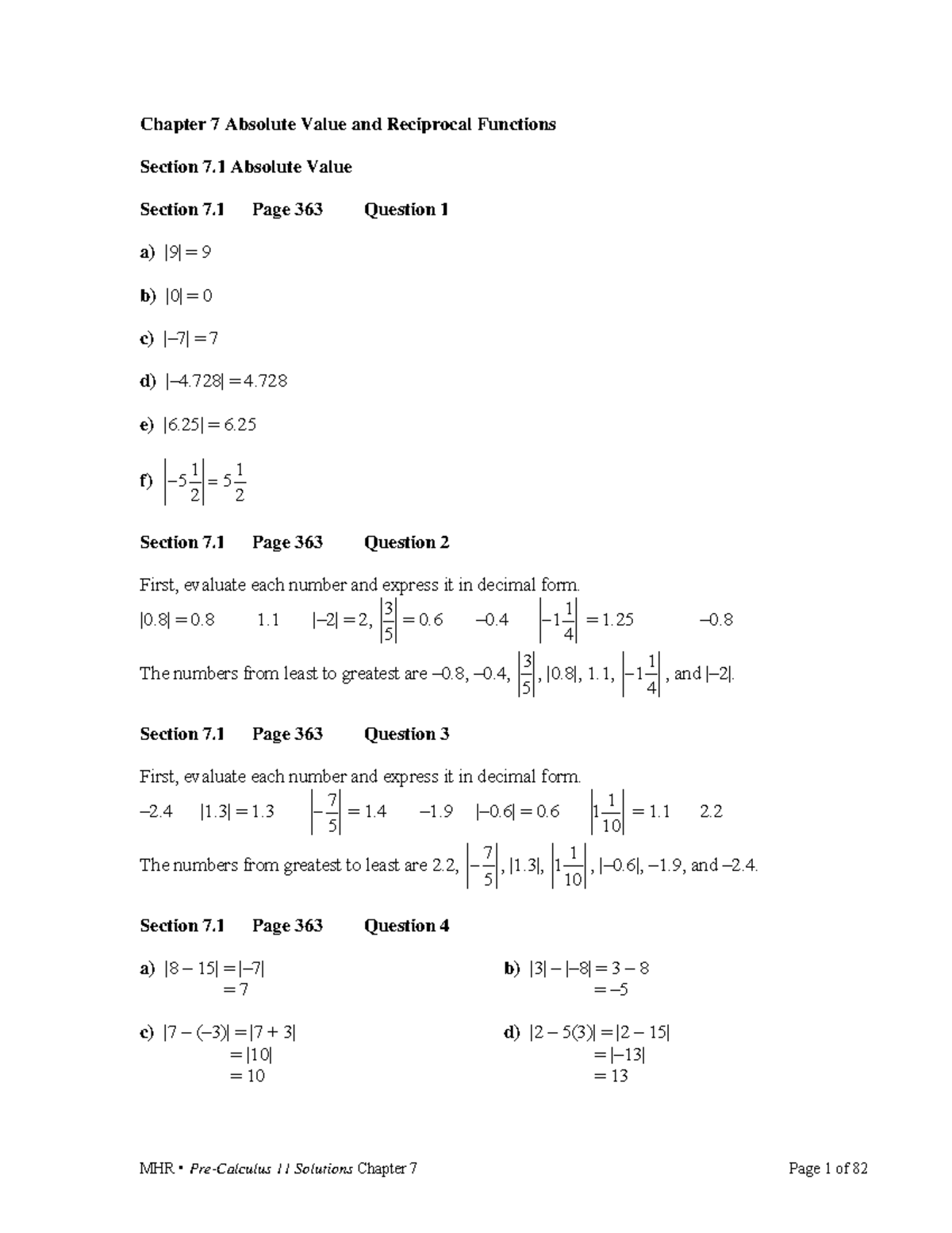 Chapter 7 Prepared Math Slides Chapter 7 Absolute Value And