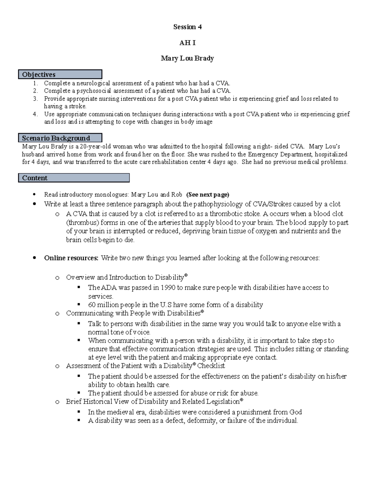 Student Simulation Preparation Worksheet AH I Session 4 Mary L. Brady ...