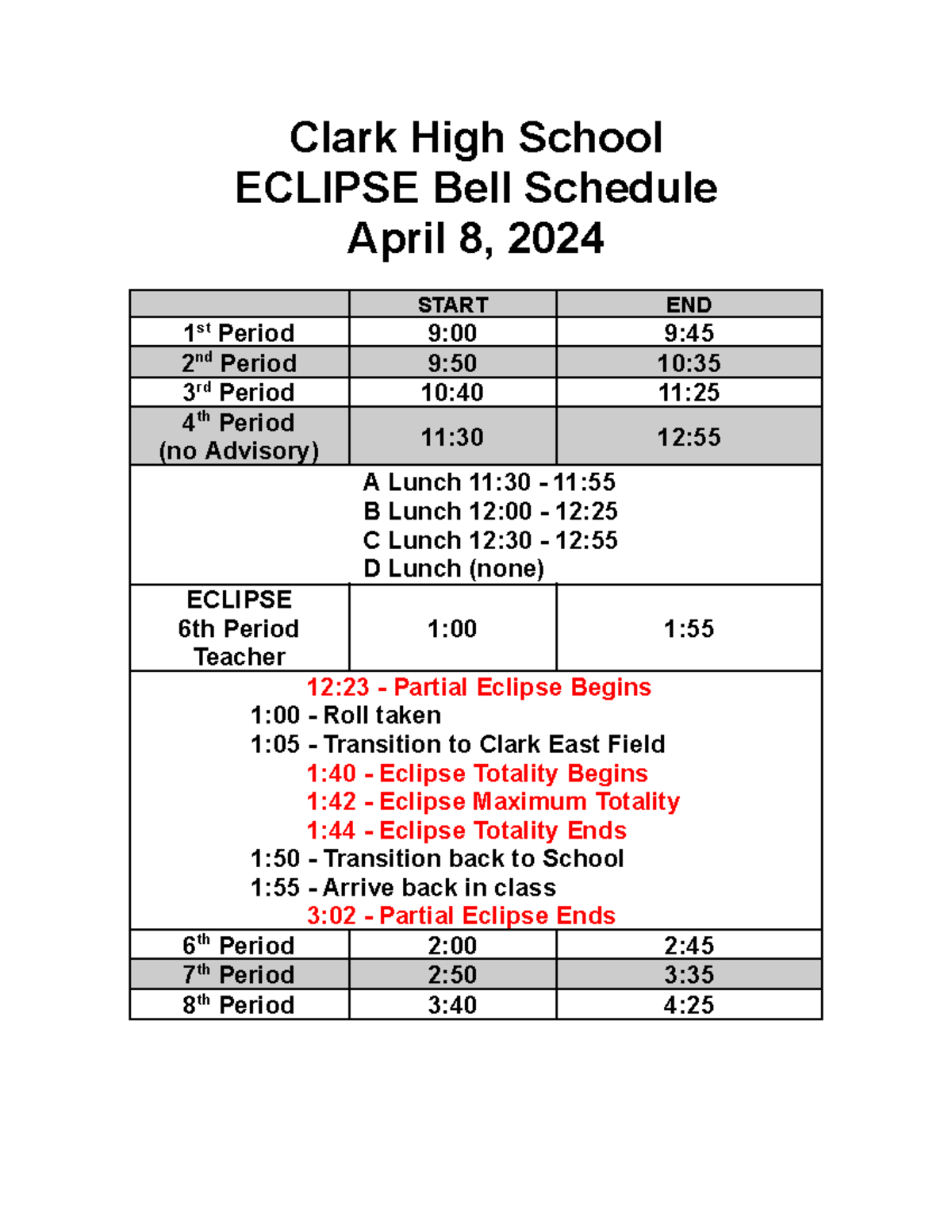 Eclipse Bell Schedule - Clark HS - Clark High School ECLIPSE Bell ...