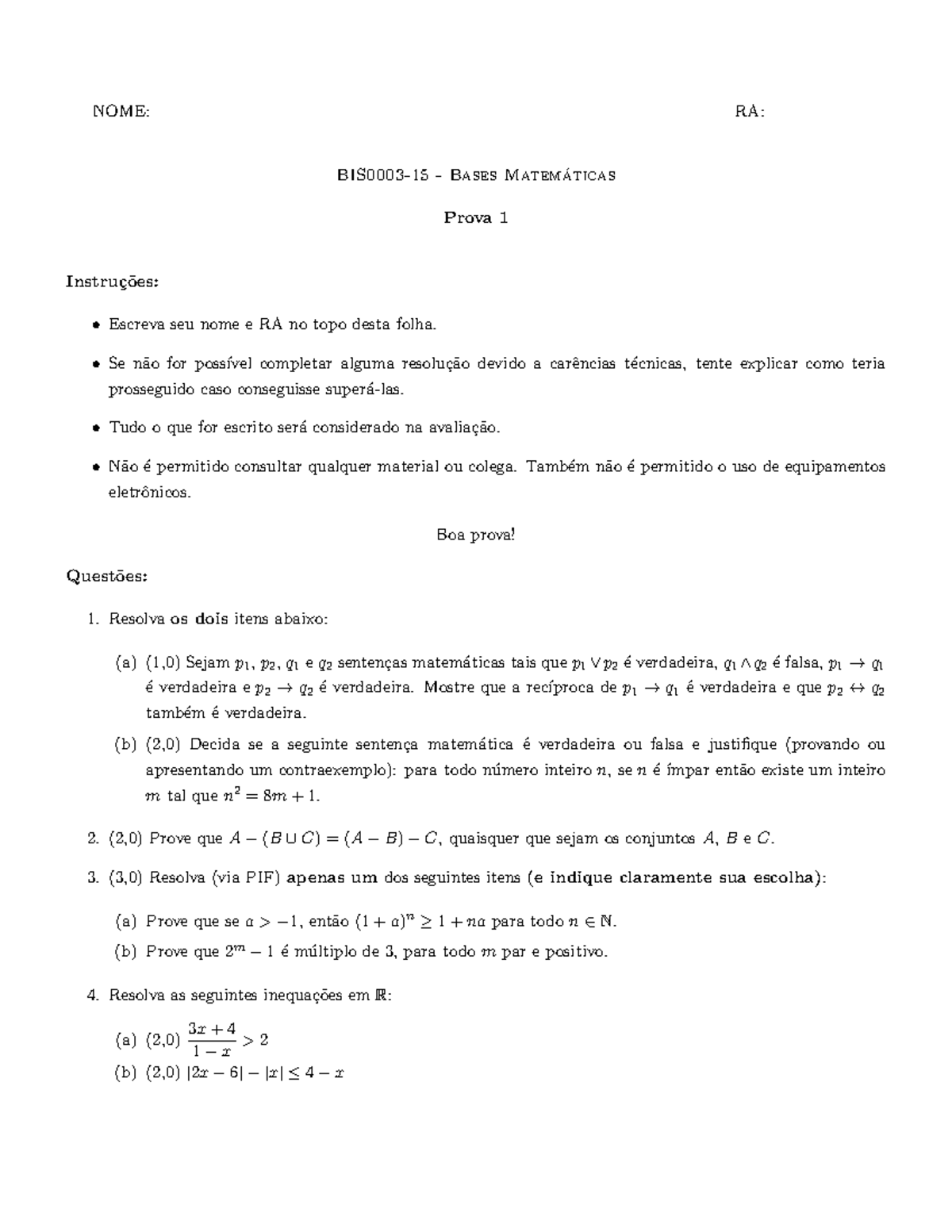 Prova Boero Bases Matematicas - NOME: RA: BIS0003-15 - Bases Matem ...