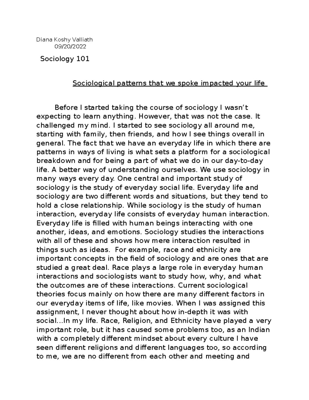 Sociology 101 assignment - Diana Koshy Valliath 09/20/ Sociology 101 ...