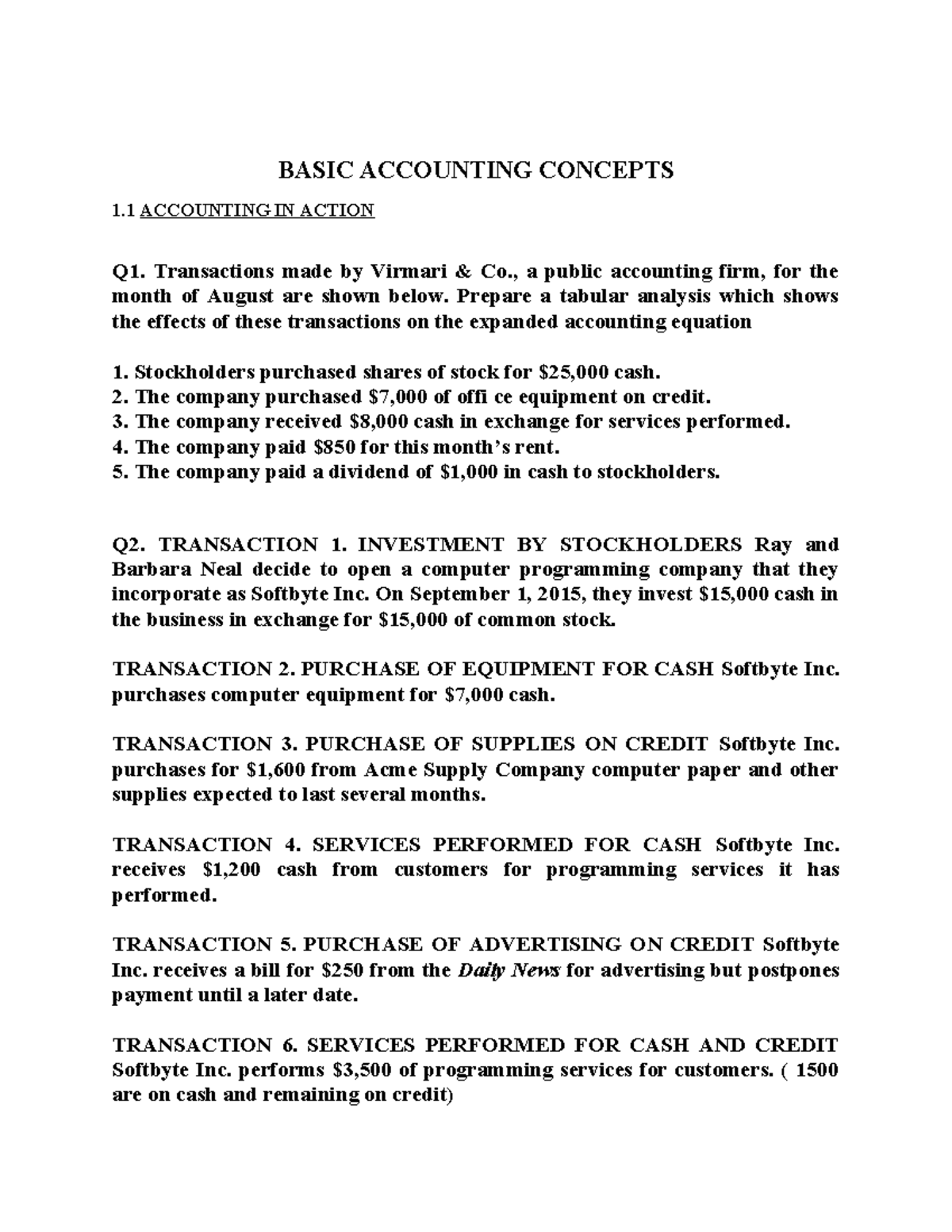 Worksheet 1 - BASIC ACCOUNTING CONCEPTS 1 ACCOUNTING IN ACTION Q1 ...