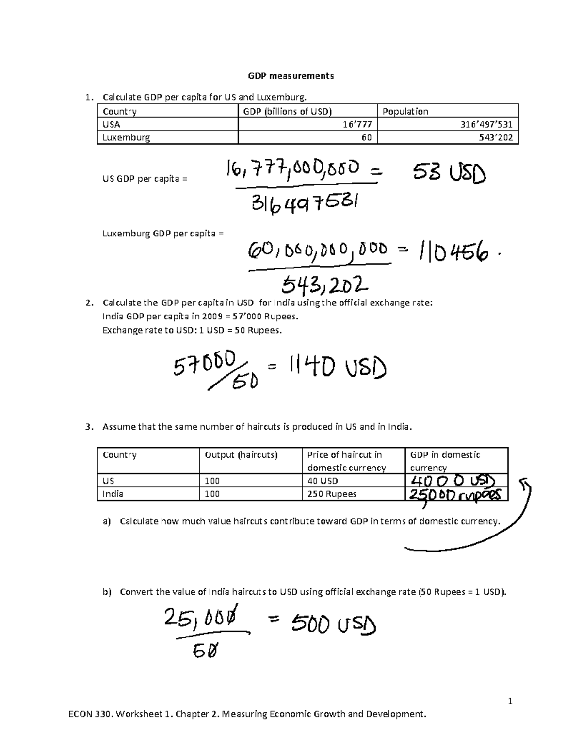 ECON 330 Worksheet 1 GDP Measurements - 1 - Studocu