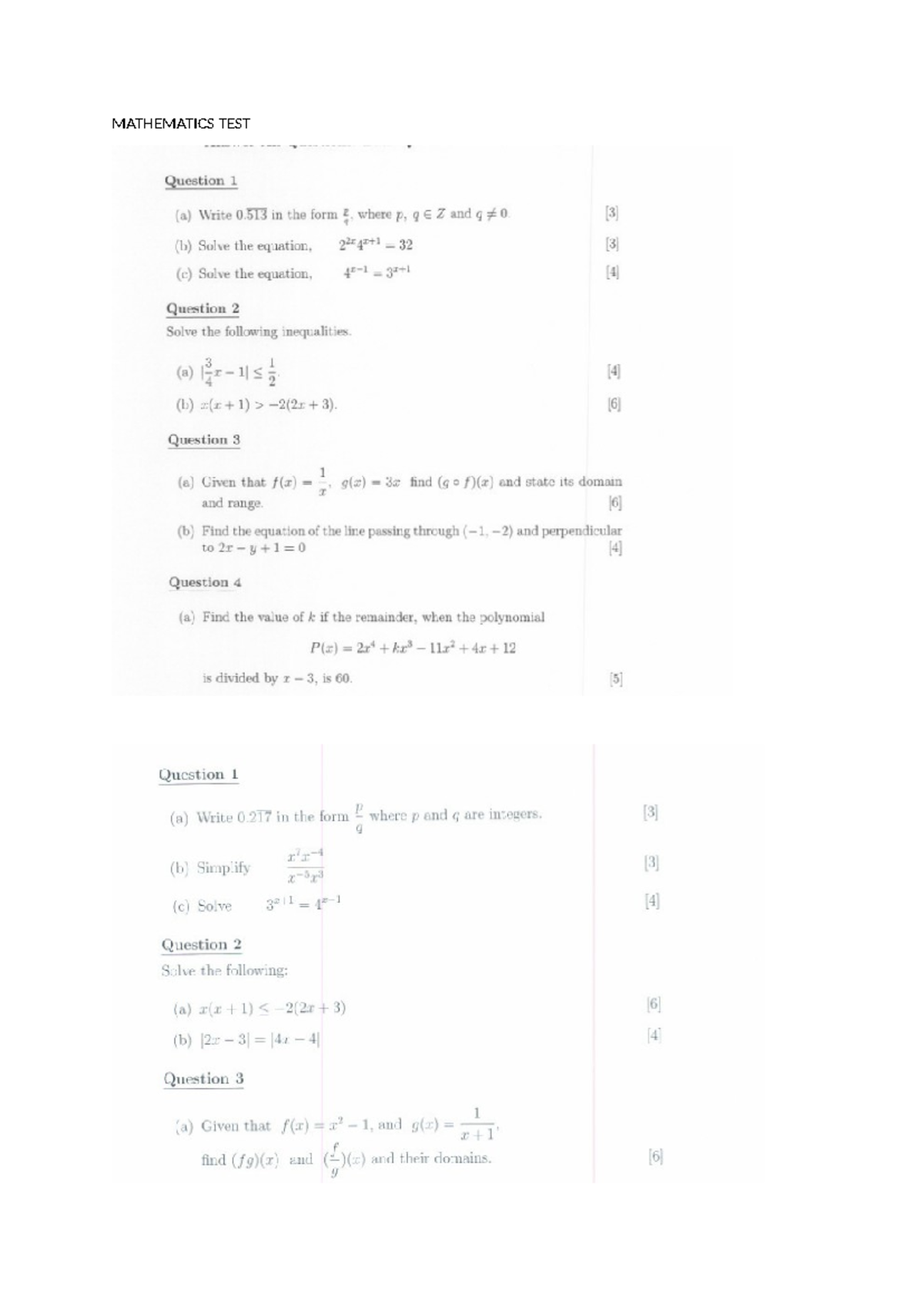 Mathematics TEST C - Practical questions - MATHEMATICS TEST Question 1 ...