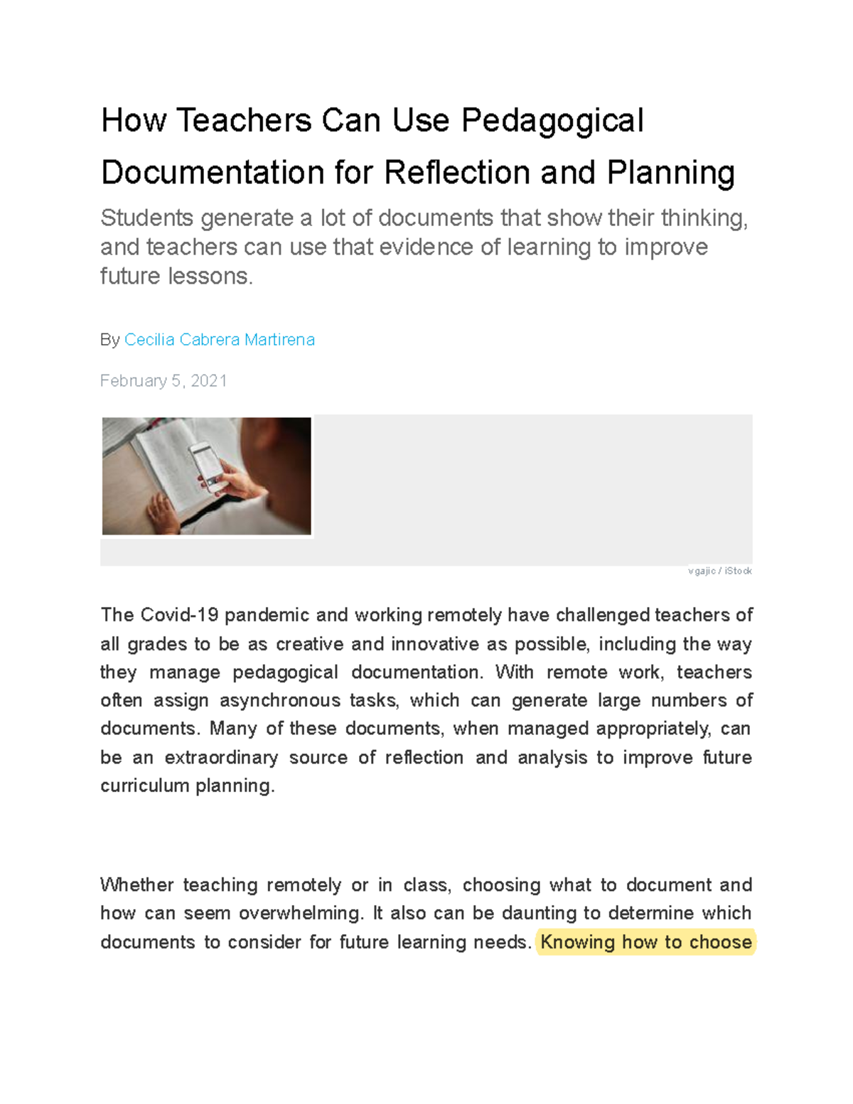 Article How Teachers Can Use Pedagogical Documentation for Reflection ...