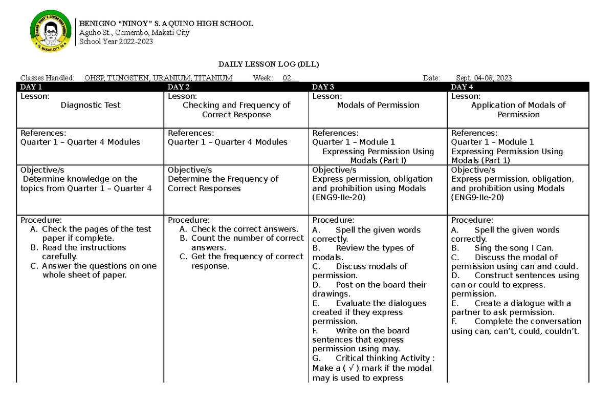 DLL-Week02-2023 - DLL sample - BENIGNO “NINOY” S. AQUINO HIGH SCHOOL Aguho St., Comembo, Makati ...