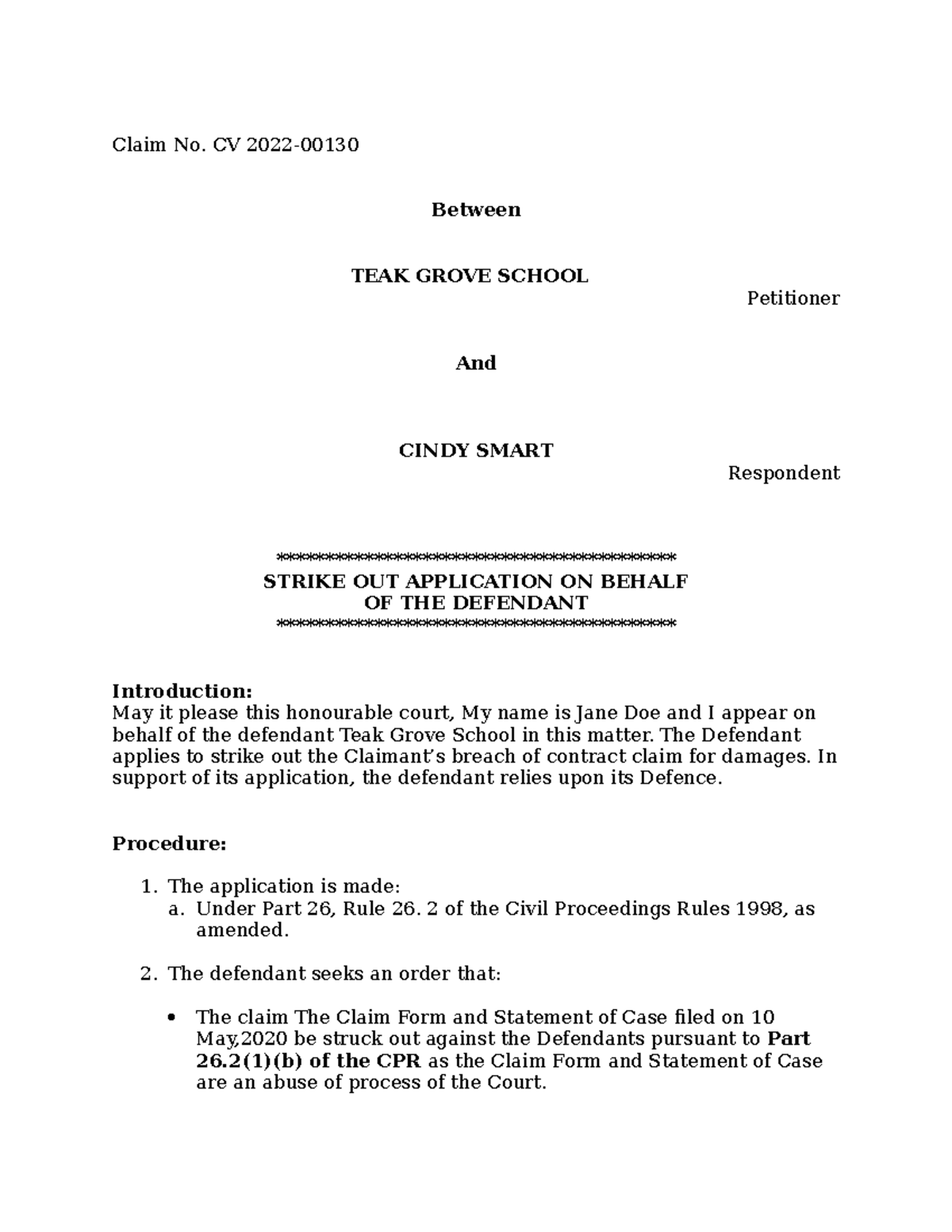 Trial ad application to strike out claim- 2 - Claim No. CV 2022 ...