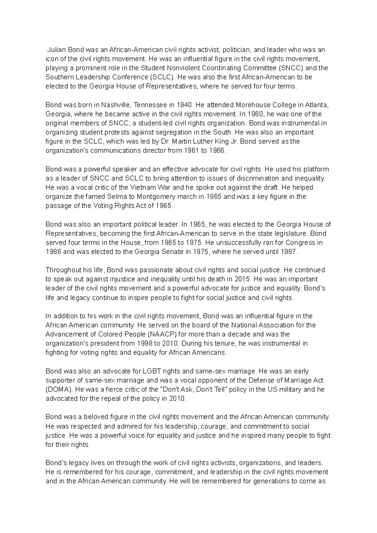 Julian - practice materials - Julian Bond was an African-American civil ...