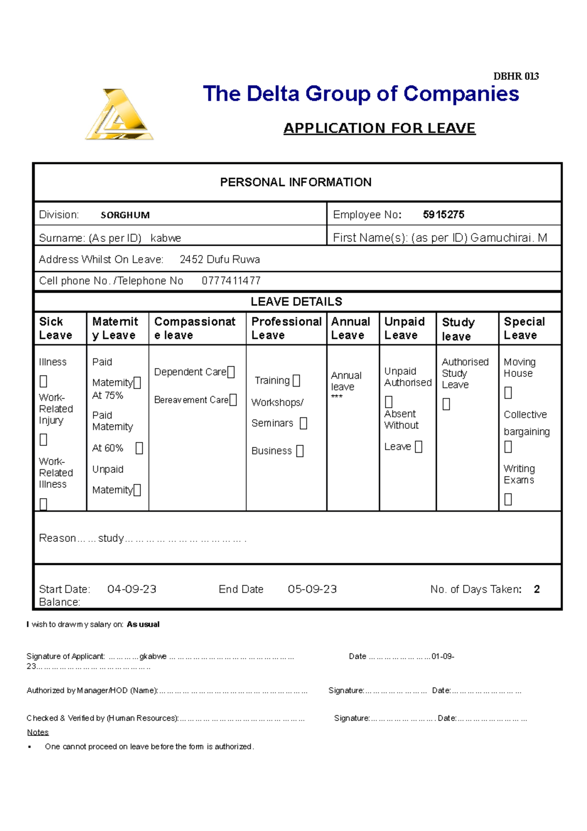 Leave Form Blank - mechanical engineering diploma - DBHR 013 The Delta ...