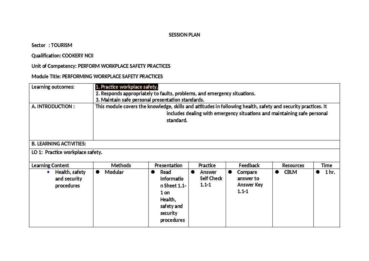Session Plan- Senoran - SESSION PLAN Sector : TOURISM Qualification ...