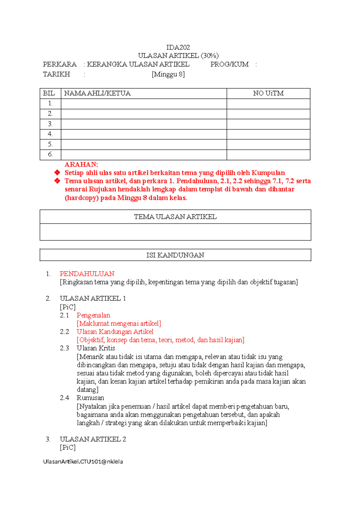 IDA202 Template Kerangka Ulasan Artikel - IDA ULASAN ARTIKEL (30%) PERKARA : KERANGKA ULASAN ...