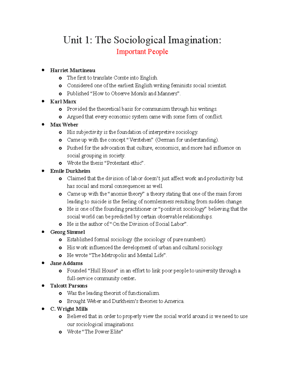 Unit 1 Notes - Unit 1: The Sociological Imagination: Important People ...