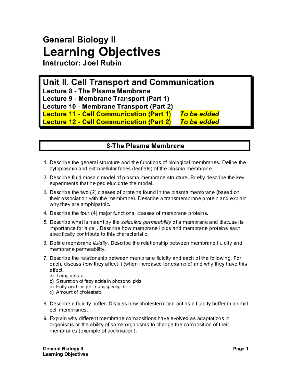 BZE W24-Learning Objectives-Unit II 8-12 - General Biology II Learning Objectives Page 1 General ...