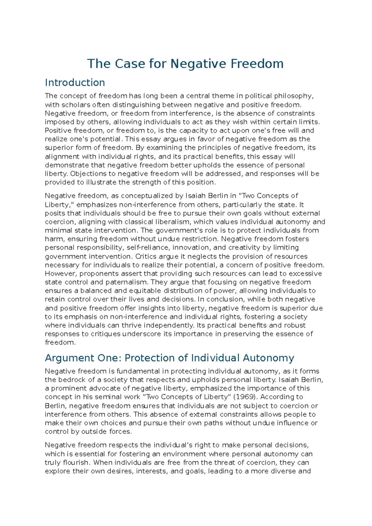 The Case for Negative Freedom - The Case for Negative Freedom ...