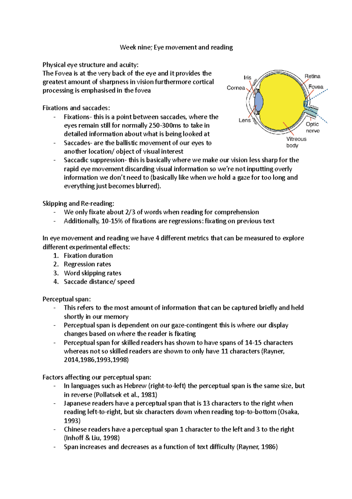Week nine; Eye movement and Reading - Week nine; Eye movement and ...