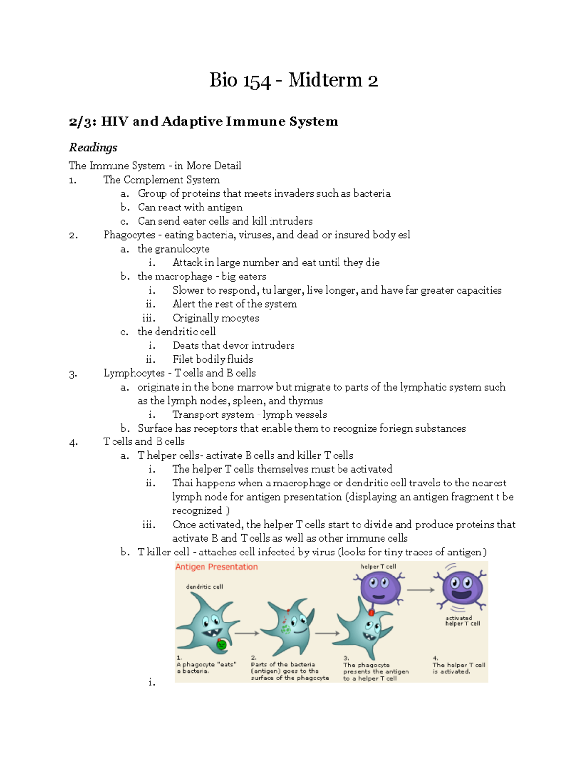 Bio154 Notes - Midterm 2 - Bio 154 - Midterm 2 2/3: HIV and Adaptive ...
