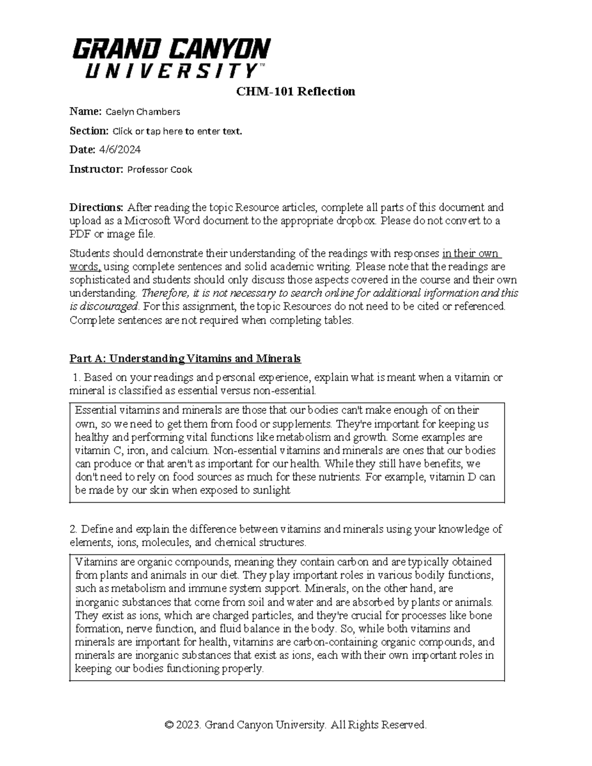 CHM 101 RS T6 Reflection - CHM-101 Reflection Name: Caelyn Chambers ...