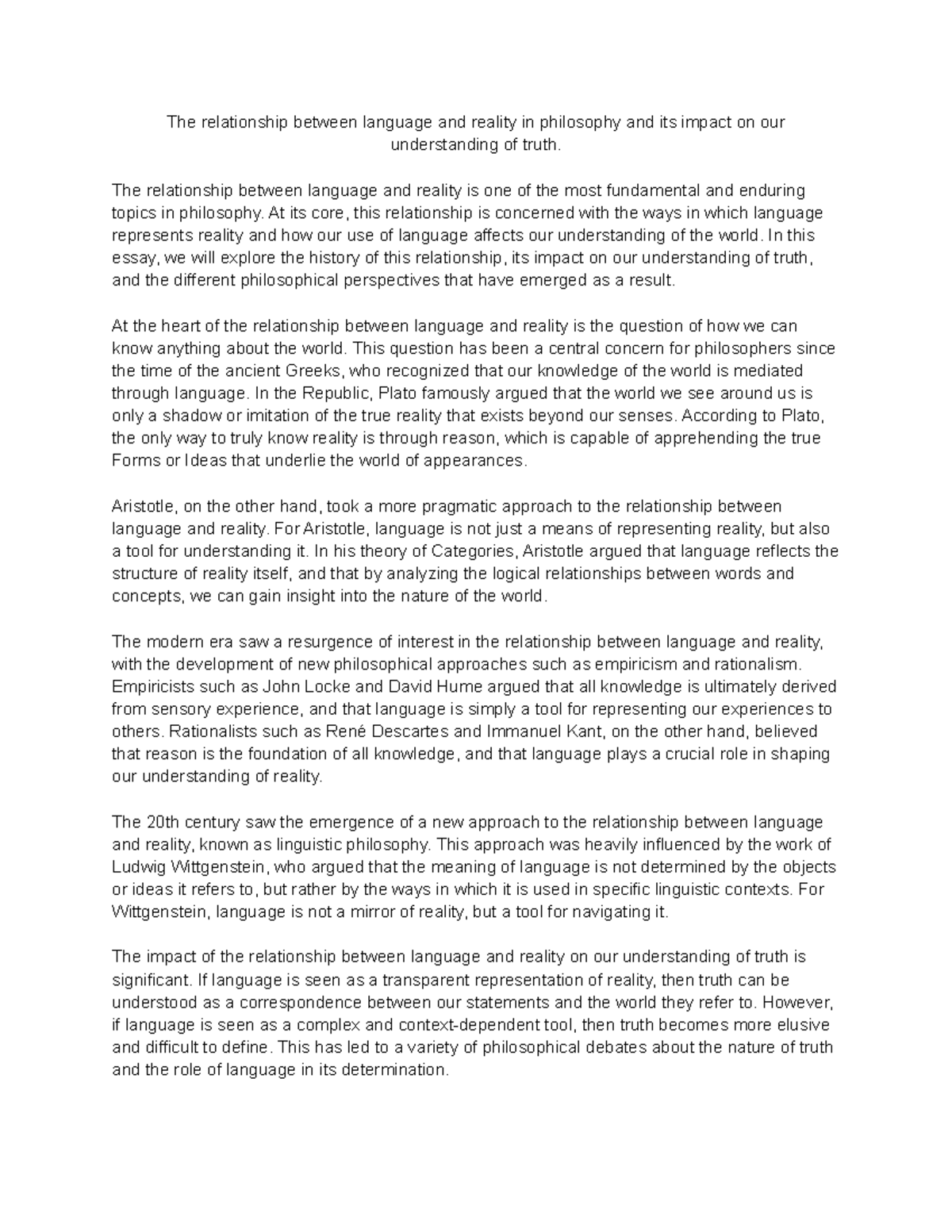 The relationship between language and reality in philosophy and its ...