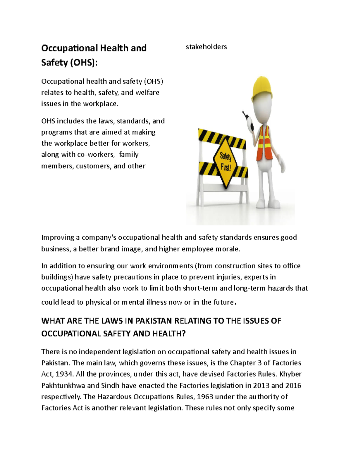 Labor law assig # 4 Occupational Health and Safety (OHS ...