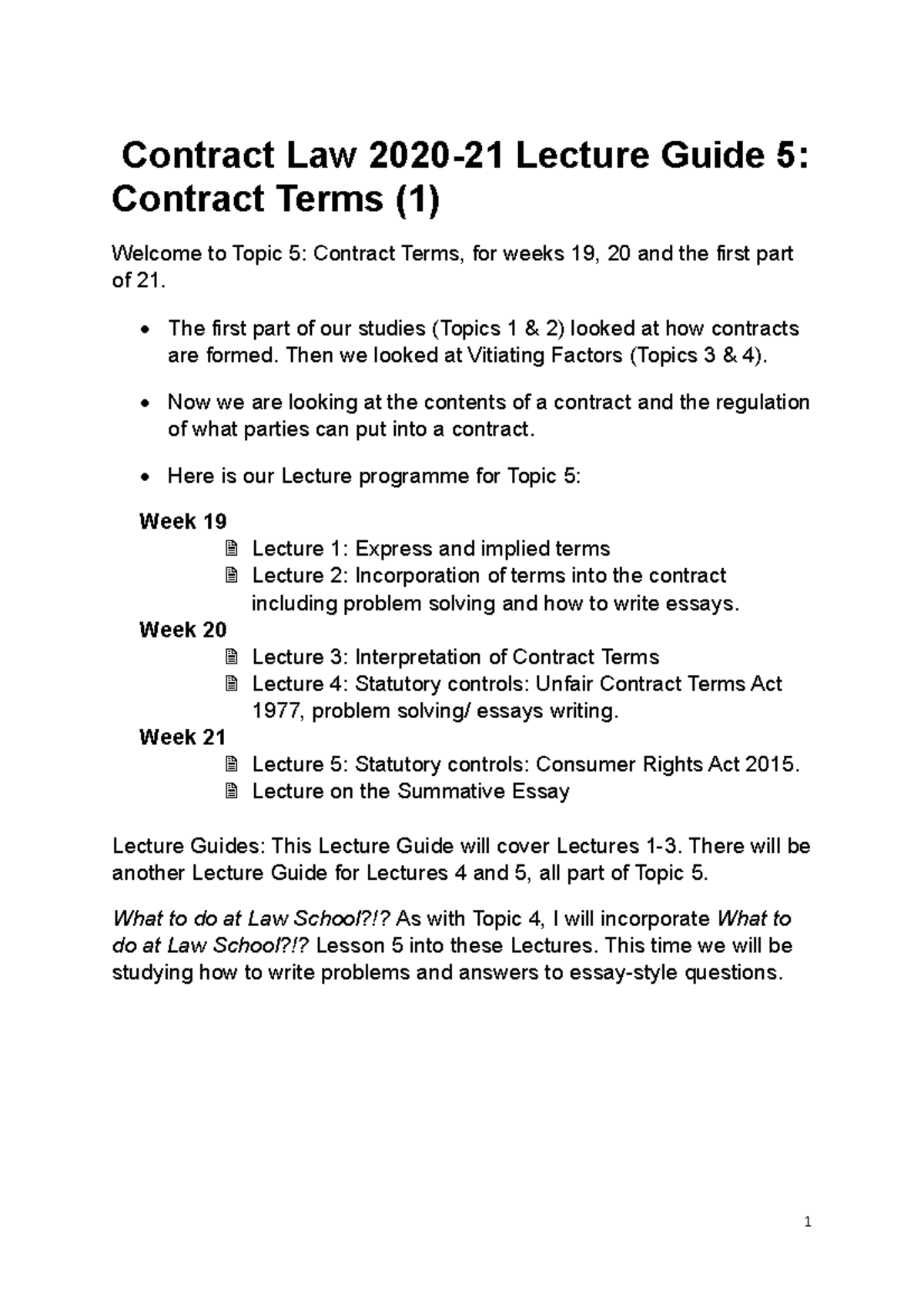 1 Contract Terms Lecture Guide - 2130 - Leicester - Studocu