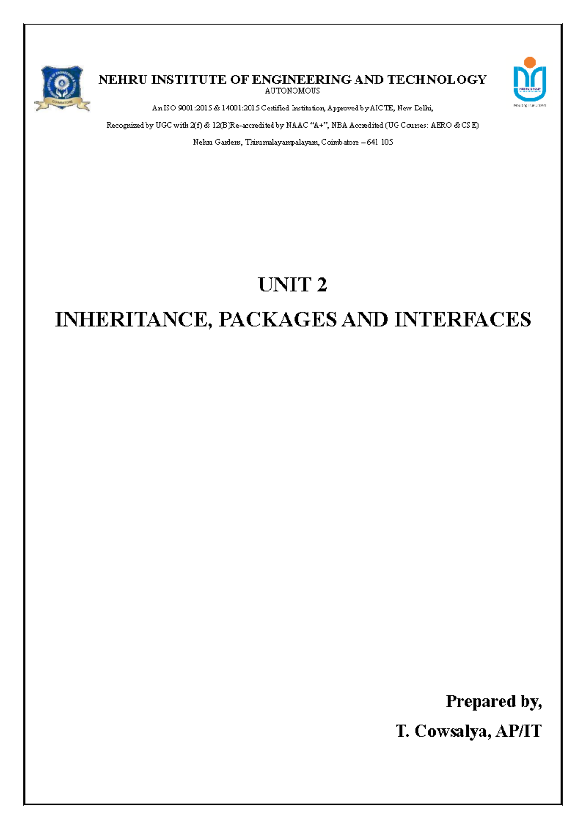 UNIT II - unit ii notes - NEHRU INSTITUTE OF ENGINEERING AND TECHNOLOGY ...