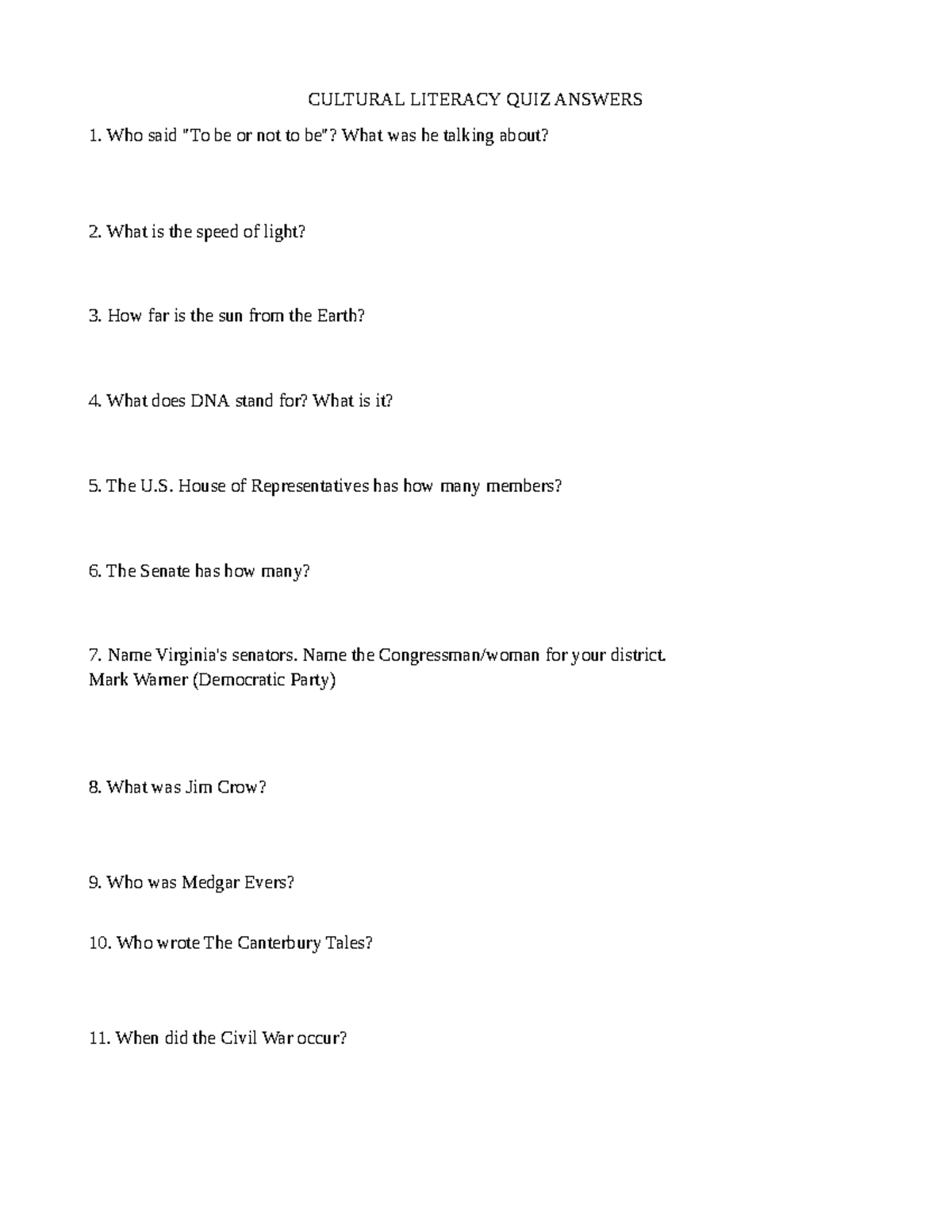 Cultural literacy Quiz 1-1-1-1 - CULTURAL LITERACY QUIZ ANSWERS Who ...